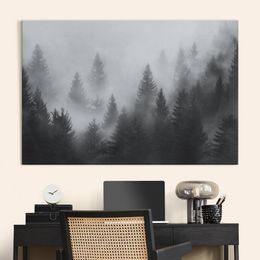 Bilderwelten Akustikbild | Wandbild schallabsorbierend - Nadelwald im Nebel Schwarz Wei&szlig;