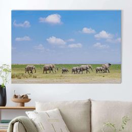 Bilderwelten Akustikbild | Wandbild schallabsorbierend - Kenia Elefantenherde in Savannenlandschaft