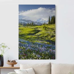 Bilderwelten Akustikbild | Wandbild schallabsorbierend - Bergwiese mit blauen Blumen vor Mt. Rainier
