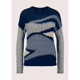 Madeleine Mode Longpullover MADELEINE "Pullover Rundhals-Pullover mit grafischem Muster", Damen, Gr. 34, blau (stahlblau, marine, silberfarben), Obermaterial: 72% Baumwolle CO. 19% Polyacryl PAN. 7% Viskose CV. 1% Elasthan EL. 1% metallisierte Fasern MTF., Modern, normal, Pullover Longpullover