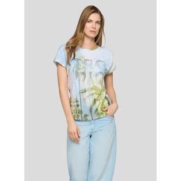 Kurzarmshirt Rabe, Damen, Gr. 40, himmelblau, Jersey, Obermaterial: 100% Baumwolle, Glitzermuster, gemustert, normal h&uuml;ftbedeckend, Rundhals, Aufschlag, Shirts, mit floralem Motiv und Glitzersteinen