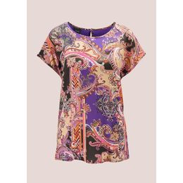 Madeleine Mode Shirtbluse MADELEINE "Shirtbluse Jerseyshirt mit Unikat-Print", Damen, Gr. 38, lila (ultraviolett, multicolor), Obermaterial: 100% Viskose CV., Modern, normal, U-Boot-Ausschnitt, Blusen
