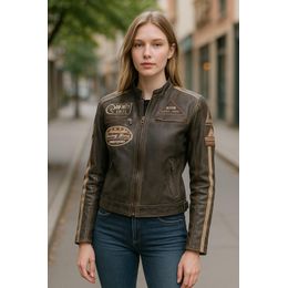 Damen Vintage Tan Biker Racing Badges Lederjacke-Eastleigh
