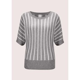 Madeleine Mode Longpullover MADELEINE "Pullover Sommerlicher Pullover mit Streifen", Damen, Gr. 34, wei&szlig; (steingrau, wollwei&szlig;, melange), Obermaterial: 100% Kaschmir WS., Modern, normal, Pullover Longpullover