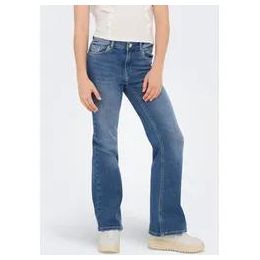 Bootcut-Jeans KIDS Only "KOGJUICY LIFE FLARED DNM CRO557 NOOS", M&auml;dchen, Gr. 128, N-Gr, blau (medium blau denim), Denim/Jeans, Obermaterial: 99% Baumwolle, 1% Elasthan, unifarben, ausgestellt kn&ouml;chellang, Jeans