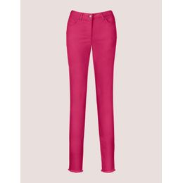 Madeleine Mode Regular-fit-Jeans MADELEINE "Jeans Mid Waist Skinny-Hose mit Fransen", Damen, Gr. 46, N + K Gr, lila (cyclam), Obermaterial: 92% Baumwolle CO. 6% Polyester PES. 2% Elasthan EL., Modern, normal, Jeans, mit Fransensaum