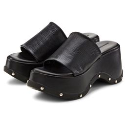 Pantolette French Connection "Mule, Sandale, offener Schuh, Lederpantolette, Sommerschuhe", Damen, Gr. 35, schwarz, Obermaterial: 100% Rindsleder. Decksohle: 100% Synthetik. Futter: 100% Rindsleder. Laufsohle: 100% Synthetik, unifarben, Schuhe Pantolette, aus Leder mit modischer Plateausohle und Nieten