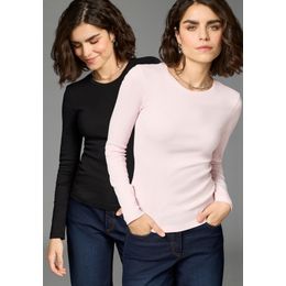 Longsleeve Flashlights, Damen, Gr. 44/46, schwarz, rose, Rippware, Obermaterial: 100% Baumwolle, unifarben, Basic, figurbetont h&uuml;ftlang, Rundhals, abgesteppt, Shirts, Rundhalsausschnitt, verk&uuml;rzte L&auml;nge, weiche Rippqualit&auml;t, Sparset