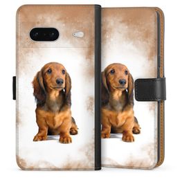 DeinDesign Google Pixel 7 Handy Klapph&uuml;lle Handyh&uuml;lle aus Kunst Leder schwarz Flip Case Pet Dachshund Dog Sideflip mit langer Lasche