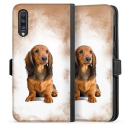 DeinDesign Galaxy A70 Handy Klapph&uuml;lle Handyh&uuml;lle aus Kunst Leder schwarz Flip Case Pet Dachshund Dog Sideflip mit Lasche