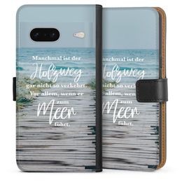 DeinDesign Google Pixel 7 Handy Klapph&uuml;lle Handyh&uuml;lle aus Kunst Leder schwarz Flip Case Statement Beach Spruch Sideflip mit langer Lasche