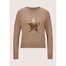 Madeleine Mode Longpullover MADELEINE "Pullover Rundhals-Pullover mit Applikation", Damen, Gr. 34, gold (caramel, goldfarben), Obermaterial: 25% Alpaka WP. 25% Polyamid PA. 25% Schurwolle WV. 25% Viskose CV., Modern, normal, Pullover Longpullover