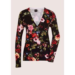 Madeleine Mode Strickjacke MADELEINE "Cardigan Sommerliche Strickjacke, Unikat-Print", Damen, Gr. 34, schwarz (schwarz, rot, multicolor), Obermaterial: 71% Viskose CV. 29% Polyamid PA., Modern, normal, V-Ausschnitt, Strickjacken Strickjacke
