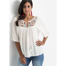 Tunika bonprix, Damen, Gr. 42, wei&szlig; (wollwei&szlig;), Obermaterial: 100% Viskose, A-Linie, Tuniken, Casual Stil, A-Linie Passform, Kurzarm-Design, mit Stickerei