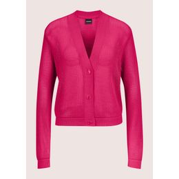 Madeleine Mode Strickjacke MADELEINE "Strickjacke Kurze Ajour-Strickjacke mit Kn&ouml;pfen", Damen, Gr. 44/46, rot (korallenpink), Obermaterial: 100% Baumwolle CO., Modern, normal, V-Ausschnitt, Strickjacken Strickjacke