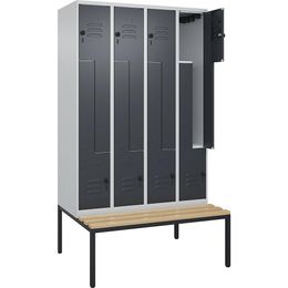 C+P Z-Spind Classic PLUS Sitzbank, 4 Abteile, lichtgrau / grau, B 1200 mm, Sicherheits-Drehriegel, untergebaut, Buche-Hartholz