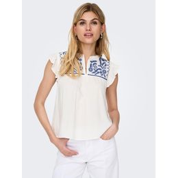 R&uuml;schentop Only "ONLVESTINE S/S TOP WVN NOOS", Damen, Gr. M, cloud dancer detail:blau emb, Web, Obermaterial: 100% Viskose, unifarben mit Farbeinsatz, loose fit normal, Rundhals, Tops R&uuml;schentop, Viskose, loose fit, Rundhals