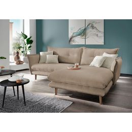 Ecksofa Home Affaire "Lazio modern und bequem, schmale Armlehnen, tolle Detailverarbeitung", braun (hellbraun, zierkissen wei&szlig;), B:255cm H:94cm T:180cm, 100% Polyester, Sofas, Ecksofa, zwei verschiedene Fu&szlig;farben w&auml;hlbar