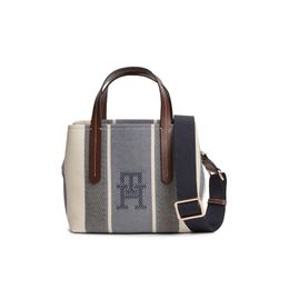 Henkeltasche Tommy Hilfiger "TH CITY MINI SATCHEL JACQUARD", Damen, Gr. B/H/T: 23cm x 20cm x 12cm, blau kombiniert, Baumwolle, Leder, Taschen, Damen Handtasche, Umh&auml;ngetasche mit Streifen, im Kontrast-Look