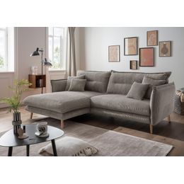 Ecksofa Home Affaire "Lazio modern und bequem, schmale Armlehnen, tolle Detailverarbeitung", grau (grau, braun), B:255cm H:94cm T:180cm, 93% Polyester, 7% Polyamid, Sofas, Ecksofa, zwei verschiedene Fu&szlig;farben w&auml;hlbar