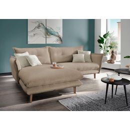 Ecksofa Home Affaire "Lazio modern und bequem, schmale Armlehnen, tolle Detailverarbeitung", braun (hellbraun, zierkissen wei&szlig;), B:255cm H:94cm T:180cm, 100% Polyester, Sofas, Ecksofa, zwei verschiedene Fu&szlig;farben w&auml;hlbar