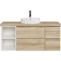 Waschtisch SAPHIR "Serie 4035 Keramik-Aufsatzbecken mit Unterschrank, 118 cm breit", braun (riviera eiche quer nachbildung, riviera eiche quer nachbildung, wei&szlig; glanz), B:118cm H:61,2cm T:44,5cm, Holzwerkstoff, Waschtische, Waschtisch, Waschplatz, 4 Schubladen, inkl. Schubladend&auml;mpfer, mit Griffuge