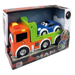 Spielzeug-LKW Happy People "MAN KIDS Autotransporter mit PKW", bunt, Spielzeugfahrzeuge, KinderB:16cm H:6cm T:9cm, Kunststoff, mit Licht und Sound, B:16cm H:6cm T:9cm