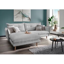 Ecksofa Home Affaire "Lazio modern und bequem, schmale Armlehnen, tolle Detailverarbeitung", grau (grau, blau, zierkissen grau), B:255cm H:94cm T:180cm, 100% Polyester, Sofas, Ecksofa, zwei verschiedene Fu&szlig;farben w&auml;hlbar