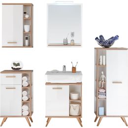Badm&ouml;bel-Set SAPHIR "6-teilig, mit Soft-Close T&uuml;ren", wei&szlig; glanz, akzent riviera eiche, B:160cm H:200cm T:33cm, Holzwerkstoff, Kastenm&ouml;bel-Sets, Badm&ouml;bel-Set