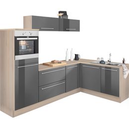 Winkelk&uuml;che Optifit "Bern", grau (k&uuml;che: grau, front: grau hochglanz, korpus: akaziefarben, arbeitsplatte: akaziefarben), B:265cm T:60cm, Komplettk&uuml;chen-Sets, Stellbreite 265x175 cm, wahlweise mit E-Ger&auml;ten