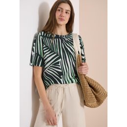 Kurzarmshirt Cecil, Damen, Gr. L (42), palm breeze gr&uuml;n, Jersey, Obermaterial: 50% Baumwolle, 50% Modal, gebl&uuml;mt, normal h&uuml;ftbedeckend, Rundhals, abgesteppte Kante, Shirts, Sommershirt mit grafischem Bl&auml;tter-Print