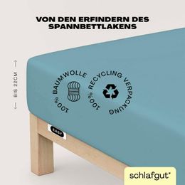 Spannbettlaken Schlafgut "EASY JERSEY Bettlaken, 150 g/m&sup2;, 100% Baumwolle, Spannbetttuch", blau (petrol mid), L:200cm, Jersey, Obermaterial: 100% Baumwolle, Bettlaken, Spannbettlaken, Spannbettlaken bis 22 cm H&ouml;he, b&uuml;gelfrei, pflegeleicht, perfekter Sitz