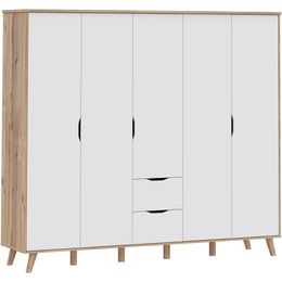 Kleiderschrank FORTE "Vankka, Dreht&uuml;renschrank, Viel Stauraum, skandinavischer Stil", planked eiche, wei&szlig;, B:228,8cm H:201,5cm T:52,7cm, Schr&auml;nke, Kleiderschrank, Made in Europe, mit Einlegeb&ouml;den+Kleiderstangen+Schubladen,grifflos