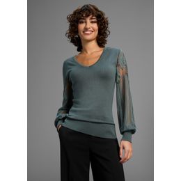 V-Ausschnitt-Pullover Melrose, Damen, Gr. 46, gr&uuml;n (gr&uuml;n m&eacute;lange), Feinstrick, Obermaterial: 70% Viskose, 30% Polyamid. Spitze: 100% Polyamid, unifarben, figurbetont h&uuml;ftbedeckend, tiefer V-Ausschnitt, weit Rippstrickb&uuml;ndchen, Pullover, Feinstrickpullover mit &Auml;rmeln aus hochwertiger Spitze