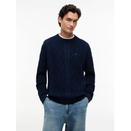 Rundhalspullover Tommy Jeans "TJM REGULAR CLASSIC FLAG CABLE", Herren, Gr. L, schwarz night navy, Strick, Obermaterial: 100% Baumwolle, regular fit normal, Rundhals, Rippb&uuml;ndchen, Pullover Rundhalspullover