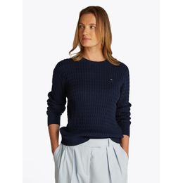 Rundhalspullover Tommy Hilfiger "CO CABLE C-NK LS SWEATER", Damen, Gr. L (42/44), blau (schwarz night navy), Strick, Obermaterial: 100% Baumwolle, unifarben, regular fit normal, Rundhals, Rippstrickb&uuml;ndchen, Pullover Rundhalspullover, Baumwolle, mit Zopfmuster, Regular Fit