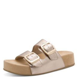 Pantolette Marco Tozzi "CAPRIA", Damen, Gr. 39, platin, Lederimitat, gl&auml;nzend, unifarben, Schuhe Pantolette, Sommerschuh, Schl&uuml;pfschuh mit Logopr&auml;gung in den Schnallen