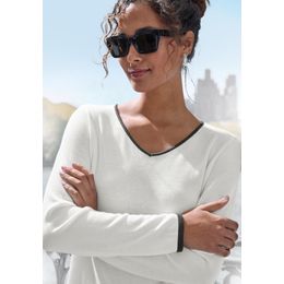 V-Ausschnitt-Pullover Vivance, Damen, Gr. 32/34, schwarz (wei&szlig;, schwarz), Feinstrick, Obermaterial: 55% Baumwolle, 45% Viskose, unifarben mit Farbeinsatz, figurumspielend h&uuml;ftlang, V-Ausschnitt, kontrastfarben, Pullover, mit Kontrastkanten, casual