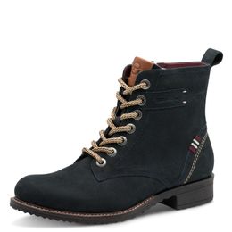 Schn&uuml;rboots Tamaris, Damen, Gr. 39, navy, Leder, Textil, Schuhe Schn&uuml;rboots, Blockabsatz, Schn&uuml;rstiefelette, Kontrastnaht an der Ferse und Rahmen