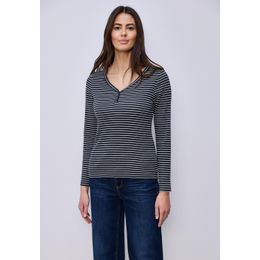 Langarmshirt Street One, Damen, Gr. 38, shadowed navy, Web, 96% Baumwolle, 4% Elasthan, gestreift, normal normal, Rundhals, abgesteppt, Shirts Langarmshirt, im soften Baumwoll-Mix