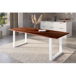 Baumkantentisch POLLY / nussbaumfarben / 300x100 / U-Gestell Wei&szlig;