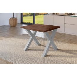 Esstisch Julius / Holz Nussbaum-Optik / 80x80 / X-Gestell Silber