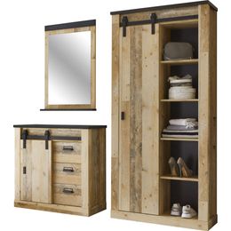 Garderoben-Set Home Affaire "SHERWOOD", braun (old style hell dekor), B:206cm H:201cm T:43cm, Kastenm&ouml;bel-Sets, mit Scheunentorbeschlag, Apothekergriffe aus Metall