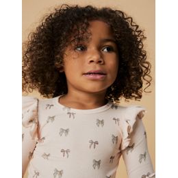 Langarmshirt LIL' ATELIER "NMFGAVO EKO LS SLIM TOP LIL NOOS", M&auml;dchen, Gr. 122/128, silber peony aop:bow, Jersey, Obermaterial: 57% Baumwolle, 38% Lyocell, 5% Elasthan, bedruckt, slim fit normal, Rundhals, Shirts Langarmshirt, mit R&uuml;schen, weiche Jersey Rippqualit&auml;t, Slim Fit