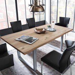 Pharao24.de Baumkanten Esszimmertisch aus Wildeiche Massivholz und Metall Loft Design
