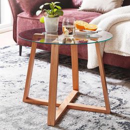 Pharao24.de Sofa Beistelltisch aus Glas und massivem Eichenholz 58 cm Durchmesser