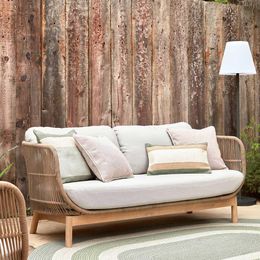 Pharao24.de Dreisitzer Sofa in Akaziefarben und Beige Kordelgeflecht und Massivholz
