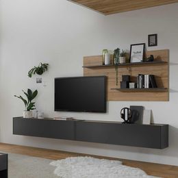 Pharao24.de Wohnzimmer Anbauwand in Anthrazit und Wildeiche Optik 300 cm breit (dreiteilig)
