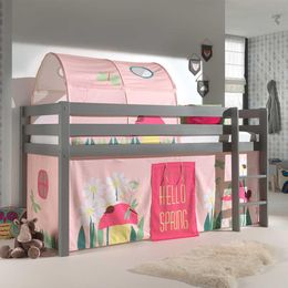 Pharao24.de M&auml;dchen Spielhochbett in Grau und Rosa Blumen Motiv