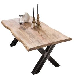 Pharao24.de Baumkanten Tisch aus Mangobaum Massivholz und Eisen Loft Design
